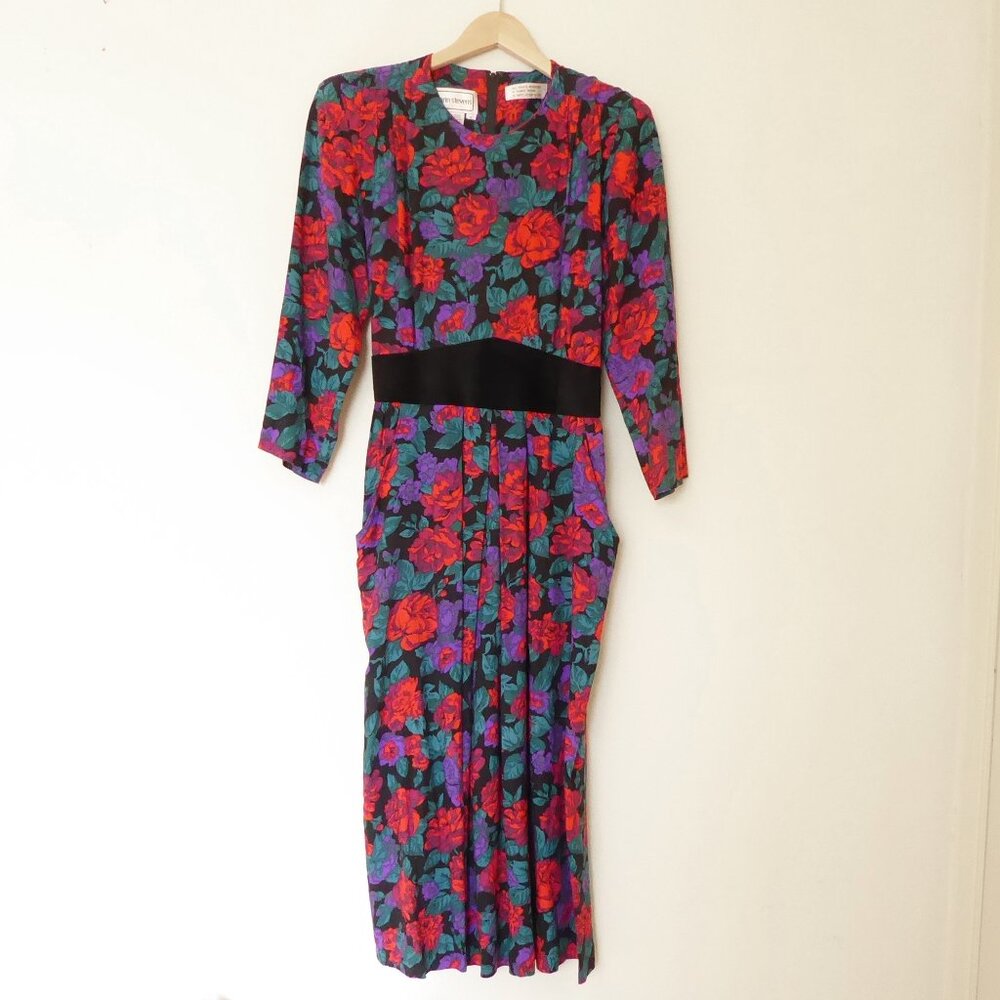 1980s Karin Stevens Dark Floral Red Rose Long Sleeve … - Gem